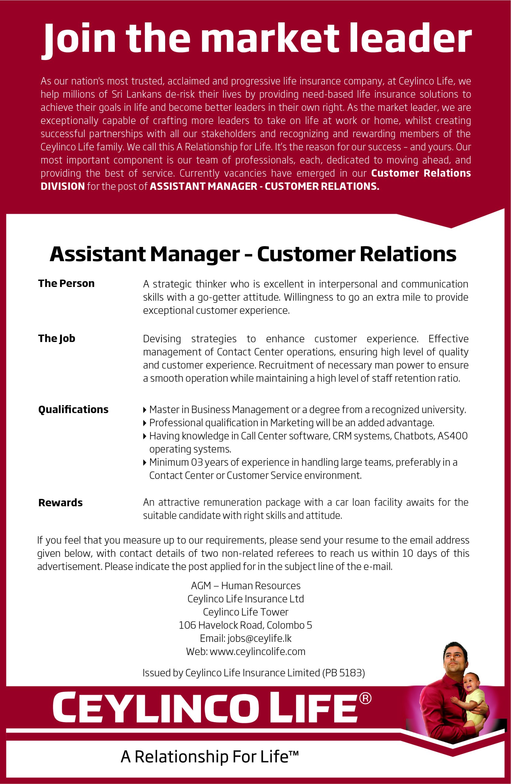 Assistant Manager – Customer Relations - Life Insurance Sri Lanka ...
